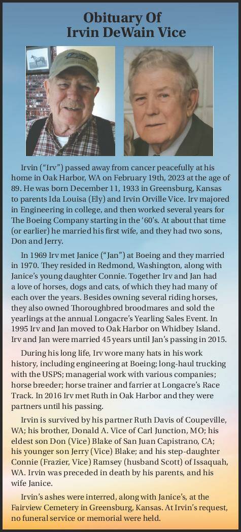 Irvin DeWain Vice | Obituary | Redmond Reporter